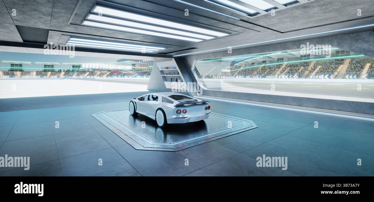 White futuristic racing car parked inside a modern garage overlooking a ...