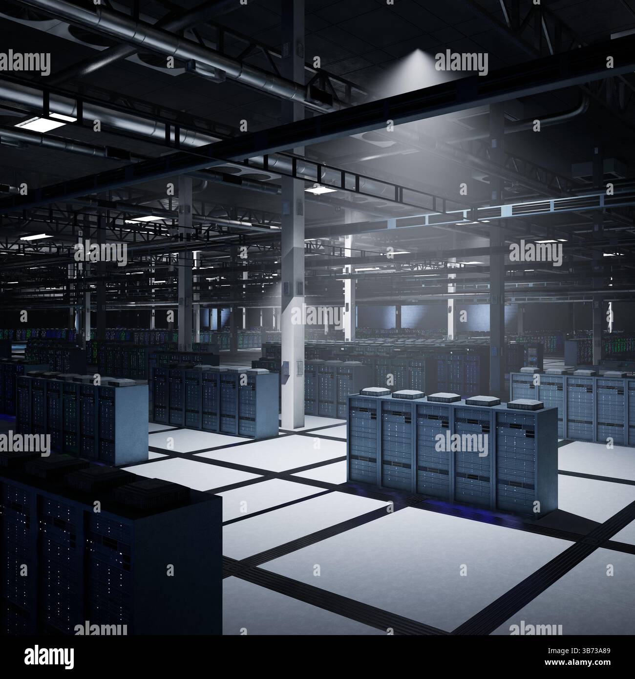 Light shining over blade server racks in dark server room supplying ...