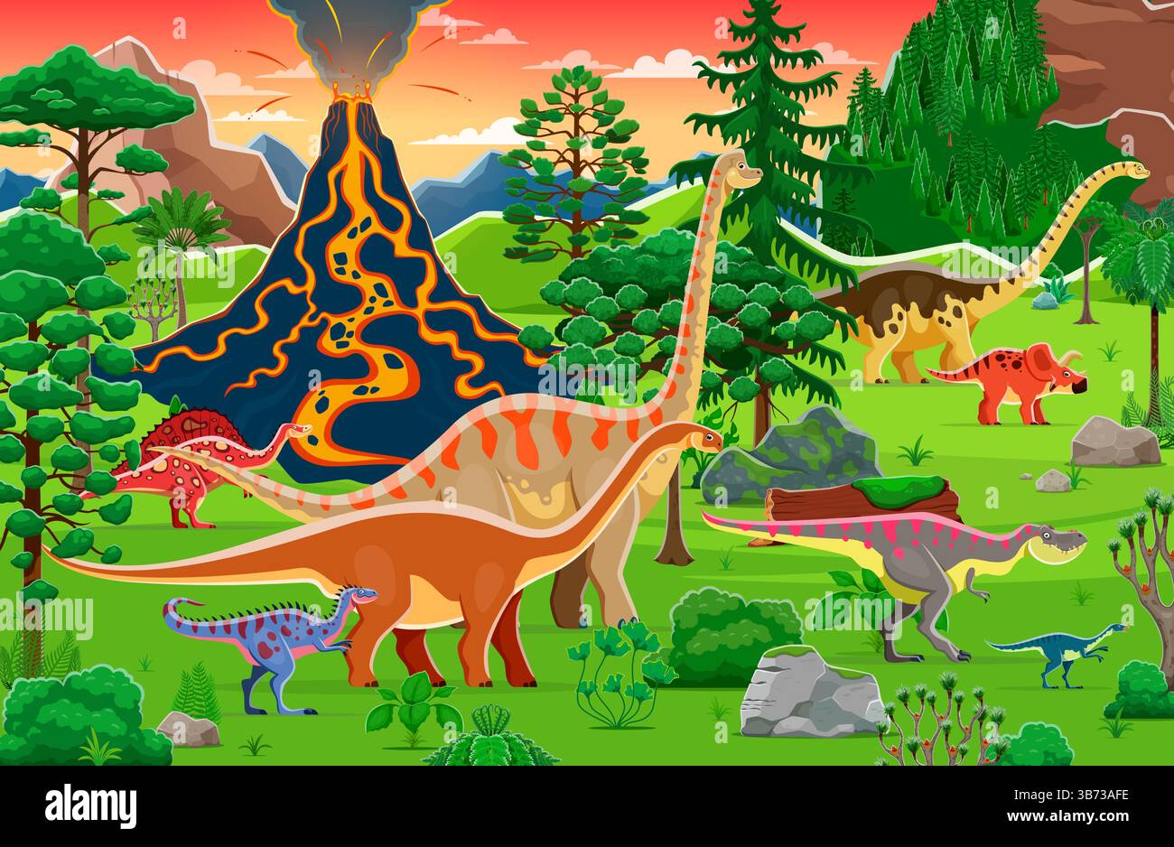 Prehistoric era landscape with volcano and dinosaur characters, vector ...