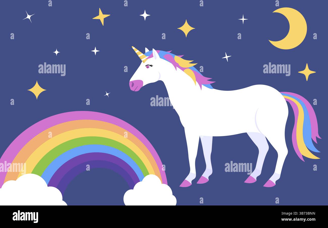 A bright unicorn joyfully stands among twinkling stars and a vibrant ...