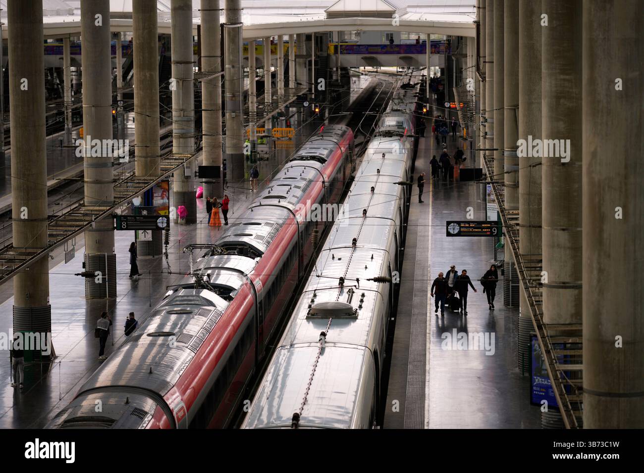 Trains are photographed on their platforms at the Madrid train station ...