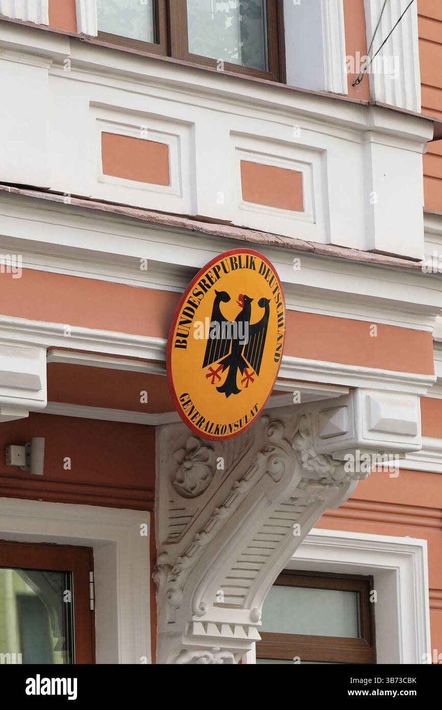 Side view of the entrance to the German Republic consulate with coat of ...