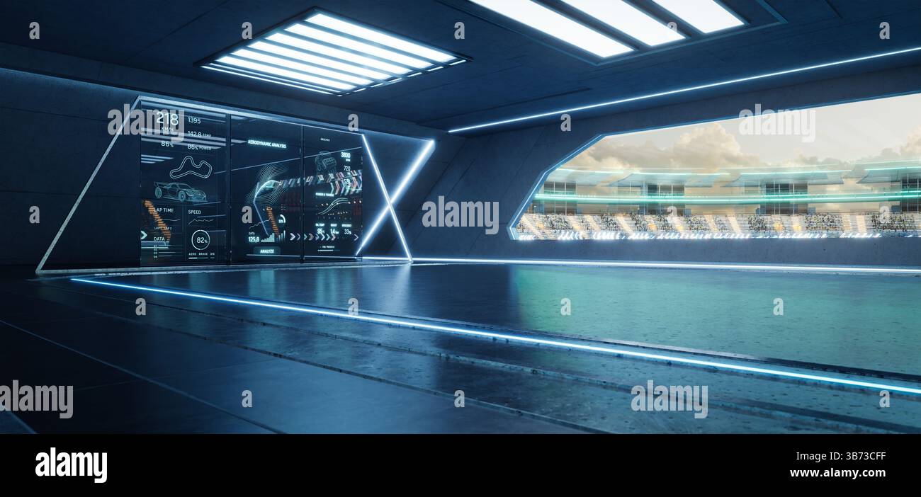 Futuristic garage interior showing race statistics and racetrack ...