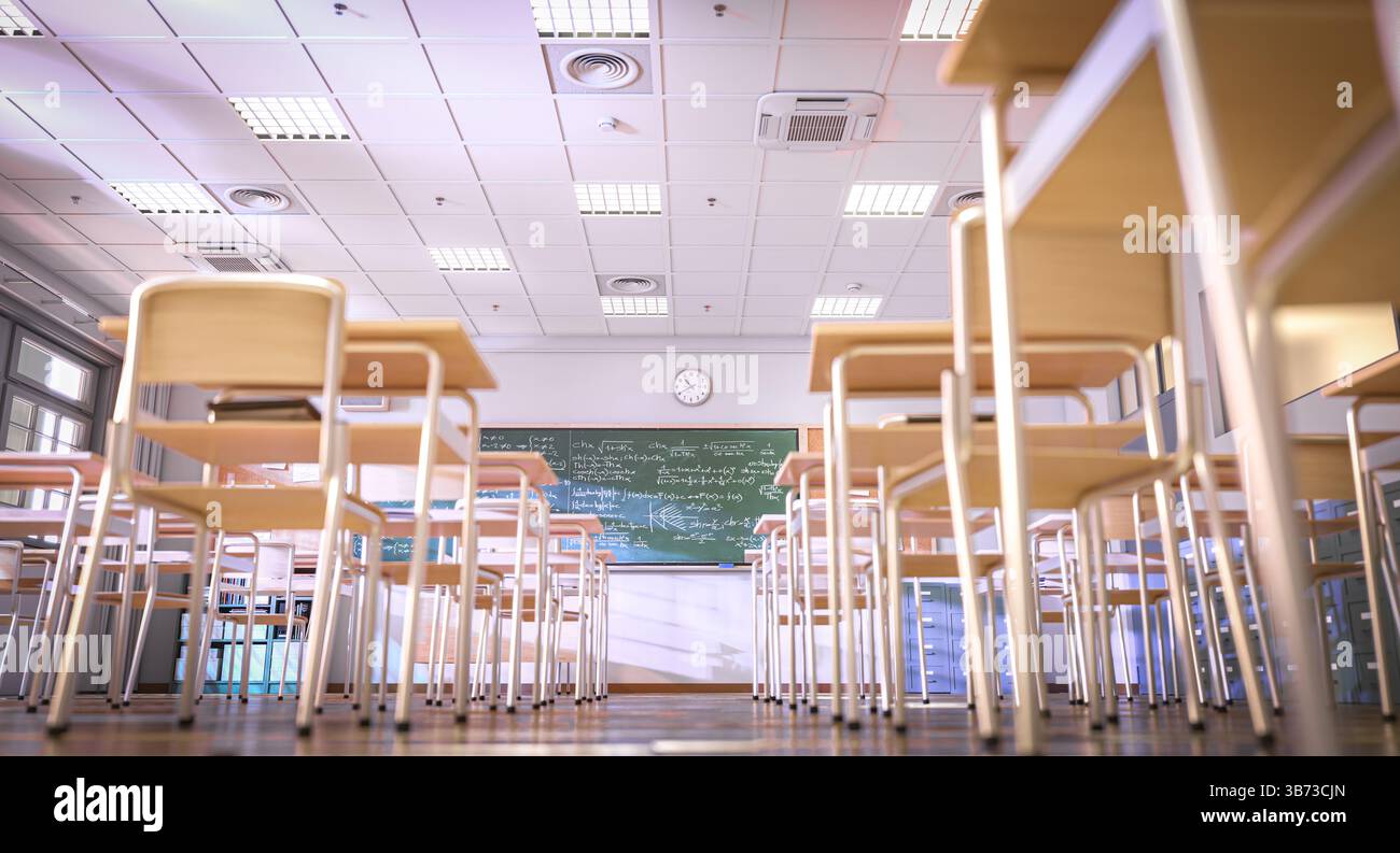 classroom with chairs and desks facing chalkboard 3d Stock Photo - Alamy