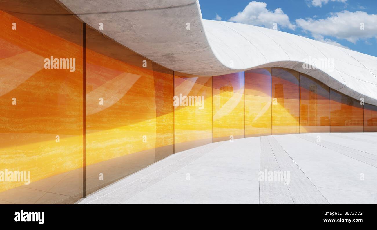 Empty concrete ground in front of a modern building with curved ...