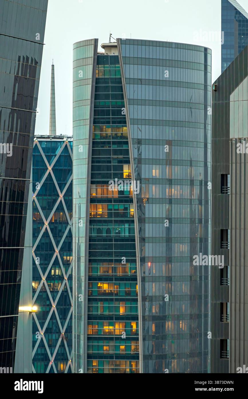 Futuristic urban Doha skyline. Global communication and network. West ...