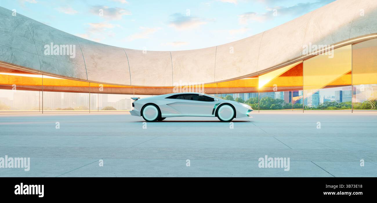 Futuristic white sports car is parked in a modern architectural space ...