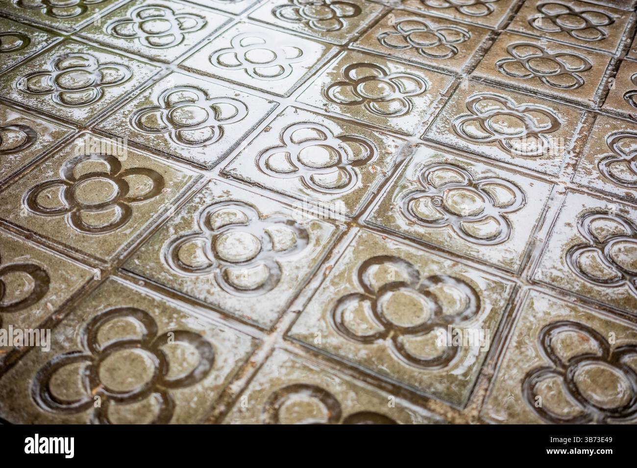 Traditional wet Barcelona pavement tiles with iconic floral design ...