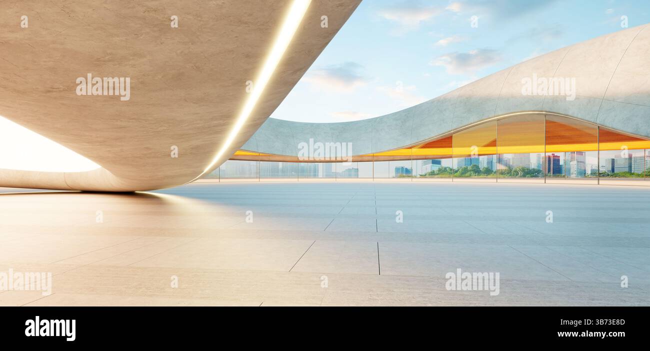 Modern concrete structure illuminating empty parking lot with city view ...