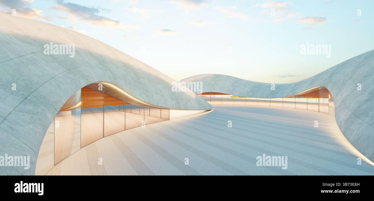 Empty parking lot with futuristic concrete canopy structures at sunset, creating a modern and ...