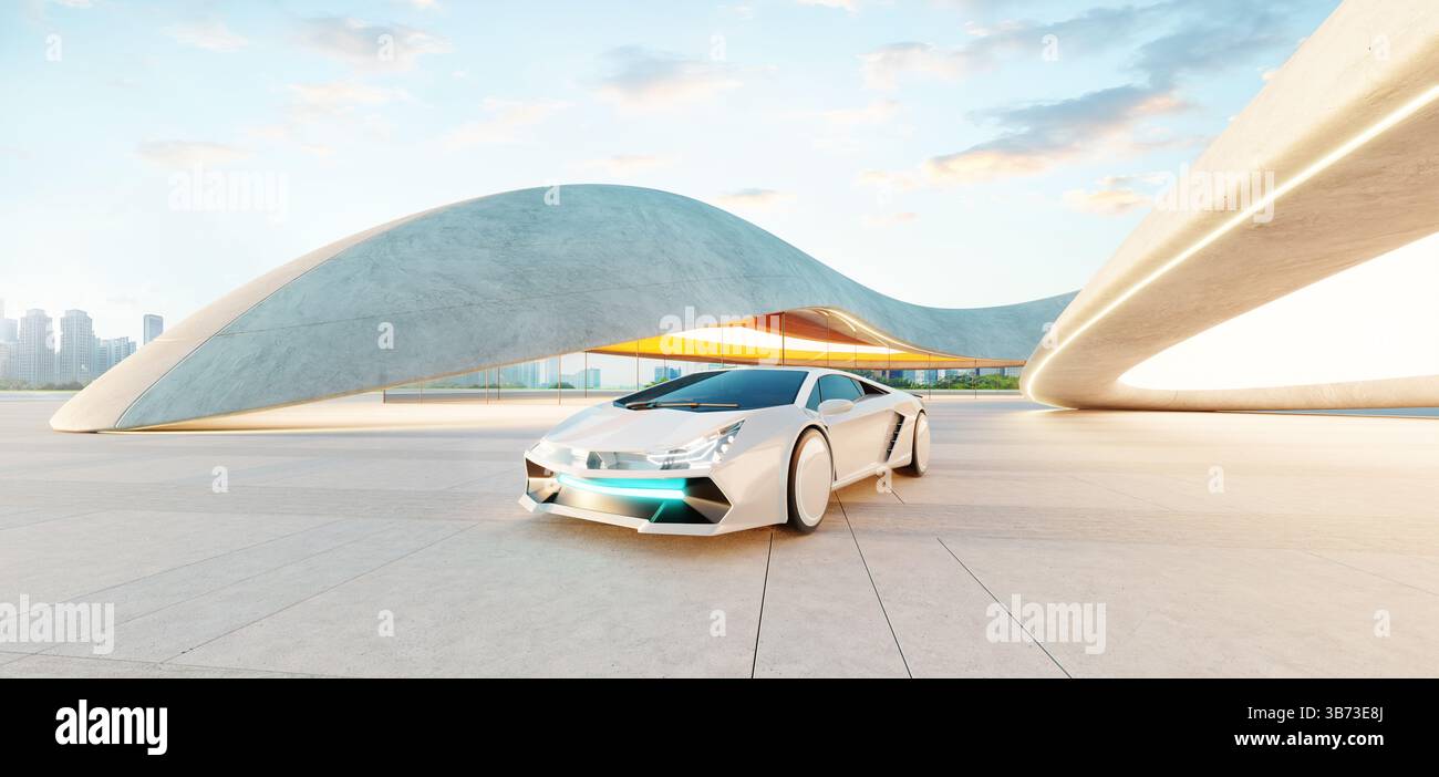 White futuristic sports car parked in a modern parking lot with curved ...