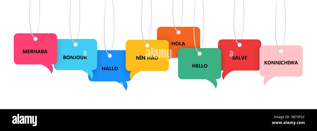 Paper speech bubbles with greetings in different languages hanging on ...