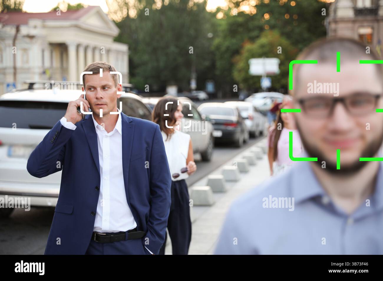 Facial recognition system identifying people on city street, selective ...