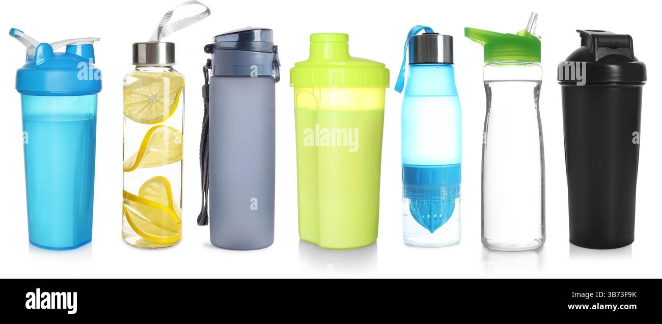 Different water bottles and shakers isolated on white, set Stock Photo ...