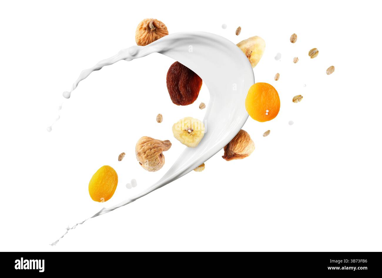 Milk splash with oat flakes and dried fruits in air on white background ...