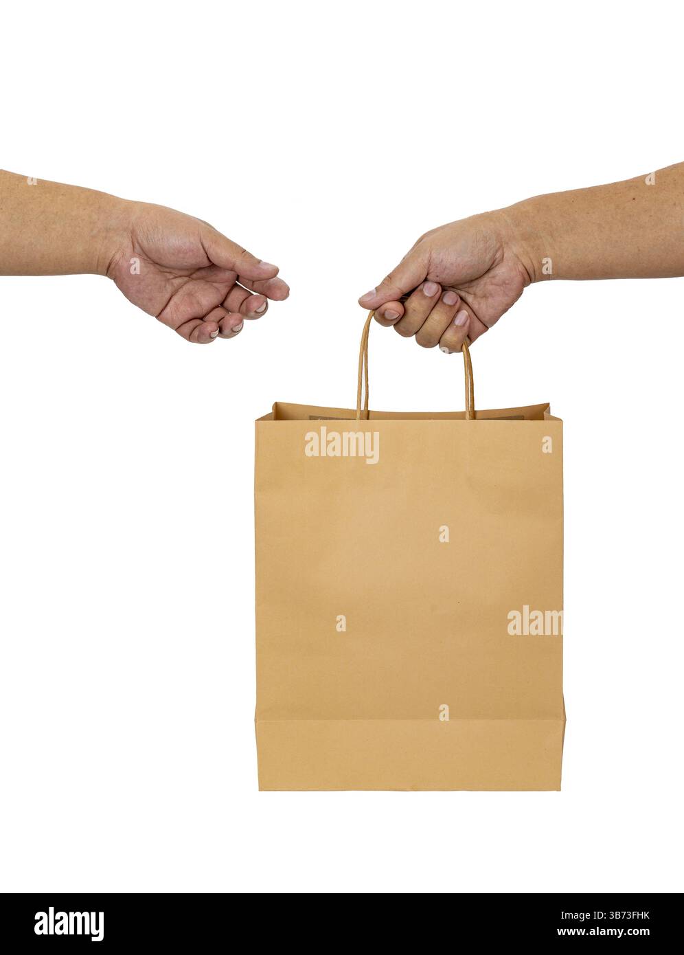 A two hands exchanging brown paper bag, symbolizing transaction or ...