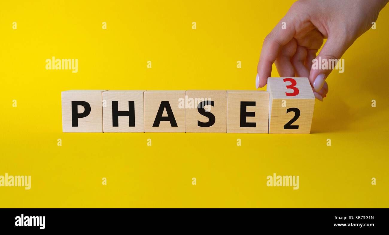 From Phase 2 to 3 symbol. Businessman Hand turns cubes and changes ...