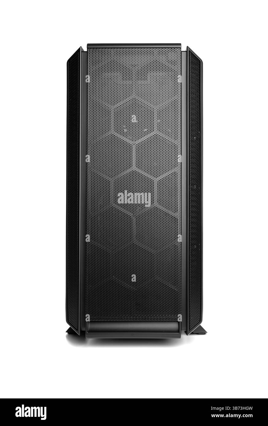 Modern black PC case with a mesh front panel and tempered glass side ...