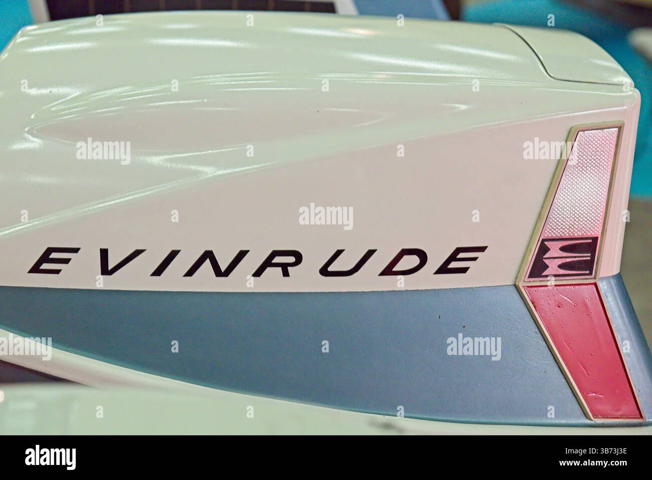 Pasila, Helsinki, Finland – February 12. 2025: Closeup of old Evinrude logo on outboard motor at ...
