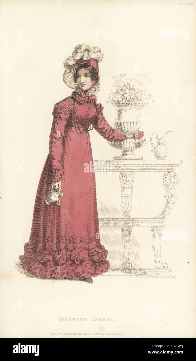 Woman in walking dress with hand on vase. High gown in ponceau gros de ...