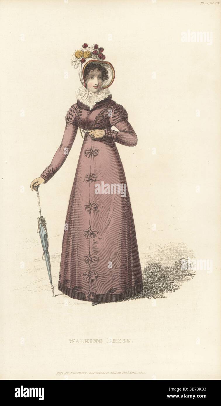 Woman in walking dress and floral bonnet, holding a parasol. Round gown ...