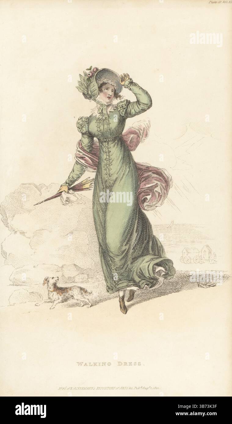 Woman in walking dress on the coast with a toy dog. Pelisse coat in ...