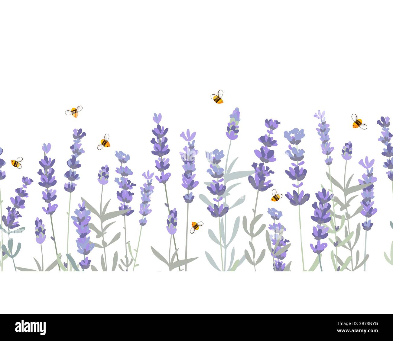 Lavender flowers and honey bees border seamless pattern. Hand drawn ...