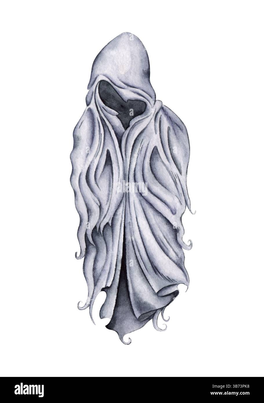 Ghost of death, in black robe, reaper in rags watercolor illustration ...