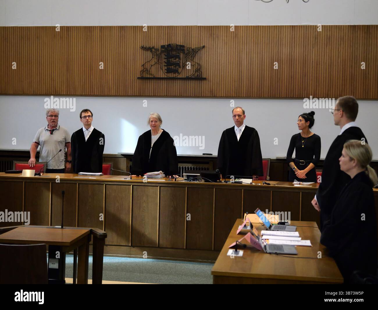 Mosbach, Germany. 05th May, 2025. A female judge and two male judges ...