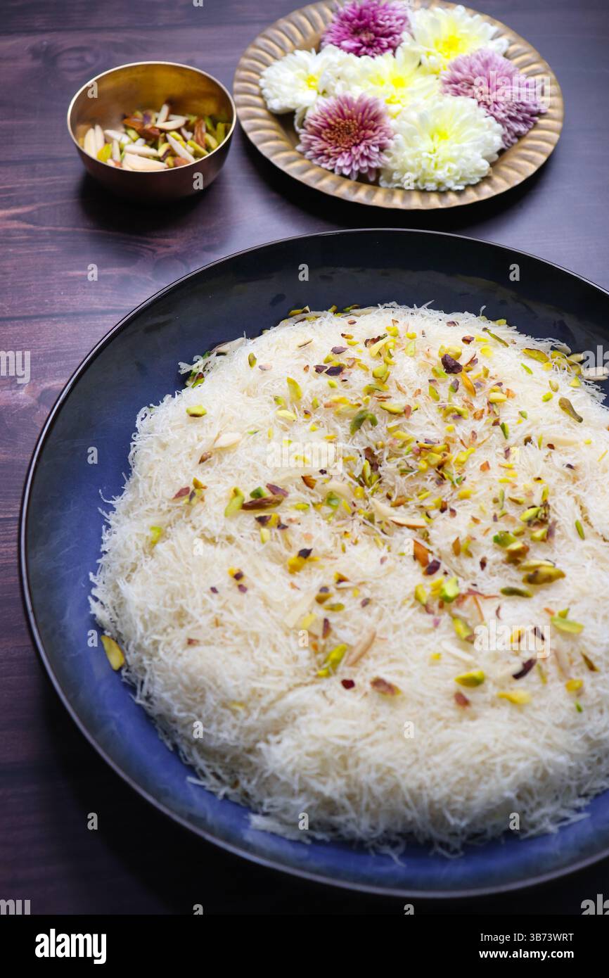 Closeup of Sutarfeni, a traditional Indian sweet made from fine sev ...