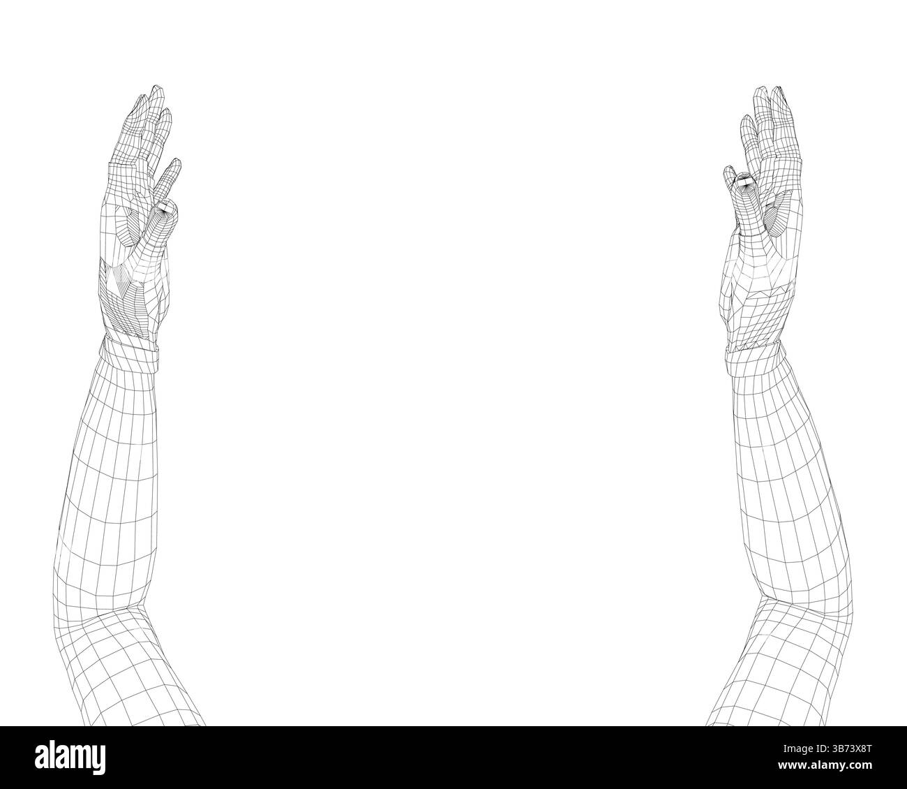 A detailed vector wireframe illustration of human hands wearing gloves ...
