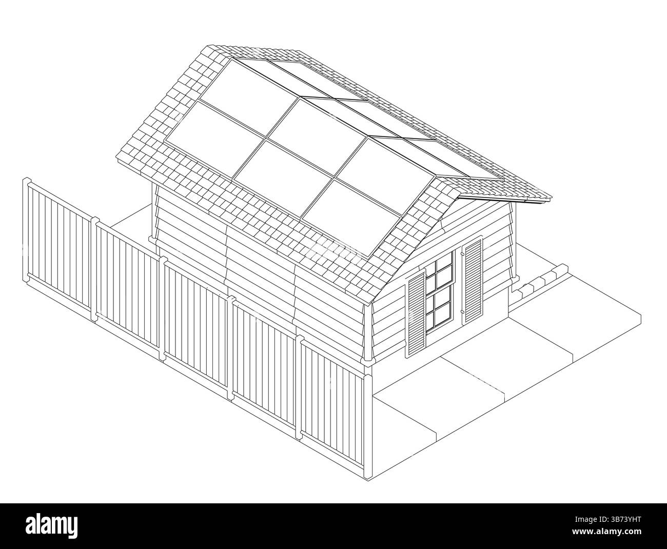 A small house with a slanted roof and a fence. The house is made of ...