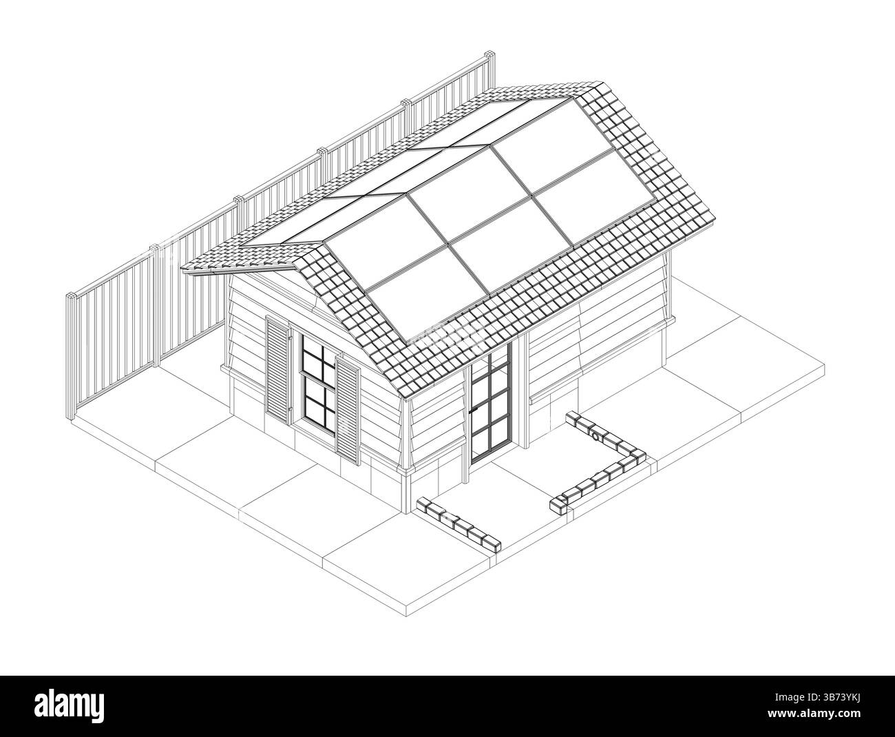 A small house with a slanted roof and a fence in the background. The ...