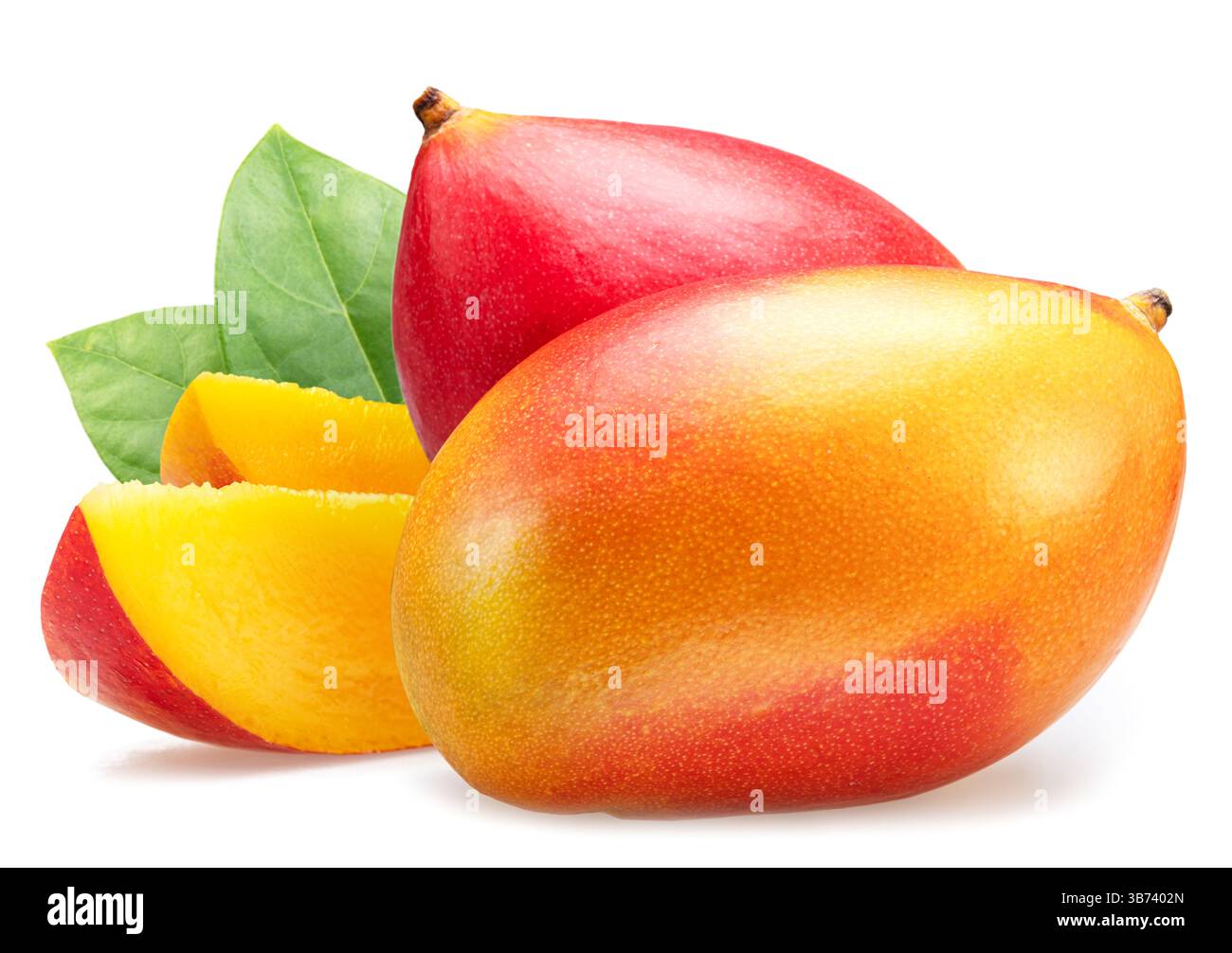 Mango fruits with green leaf and mango slices isolated on white ...