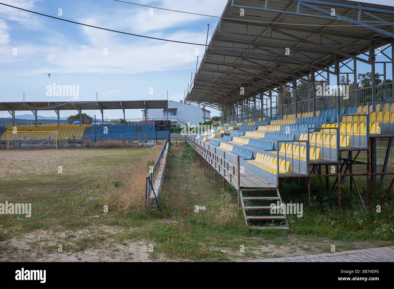 Abandoned stands of a football pitch on the beach Stock Photo - Alamy