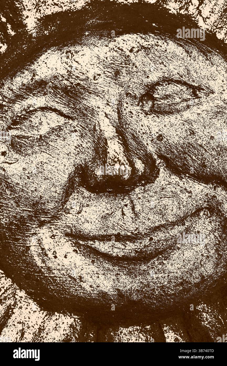 Sepia image of plaster model of smiling face with kind but world weary ...