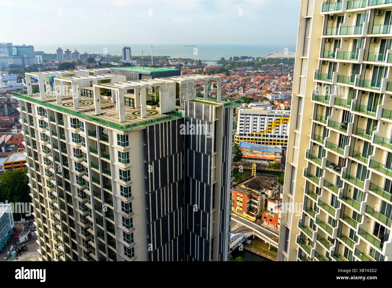 Bird's eye view of Malacca old town and Strait of Malacca. Malaysia ...