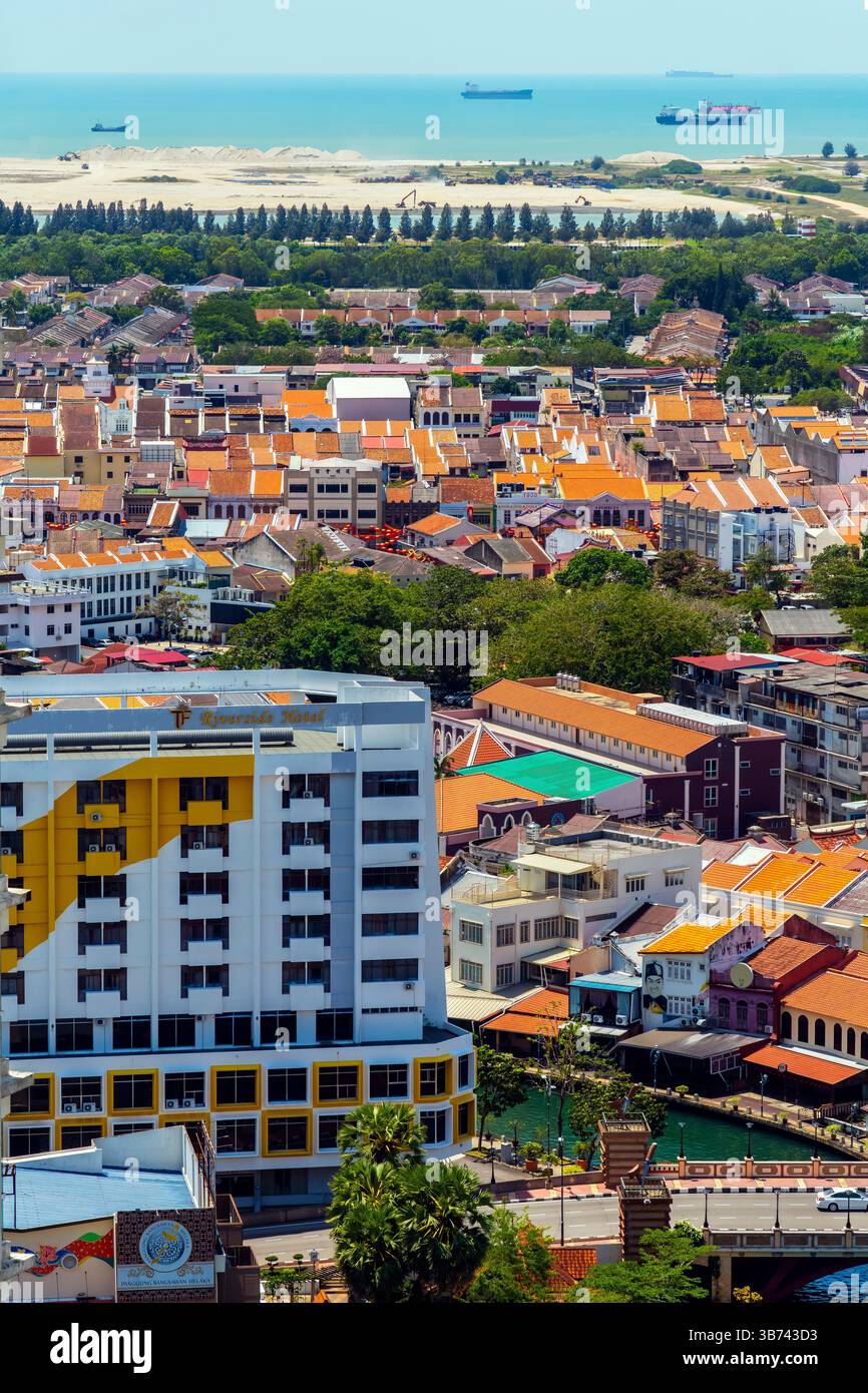 Bird's eye view of Malacca old town and Strait of Malacca. Malaysia ...