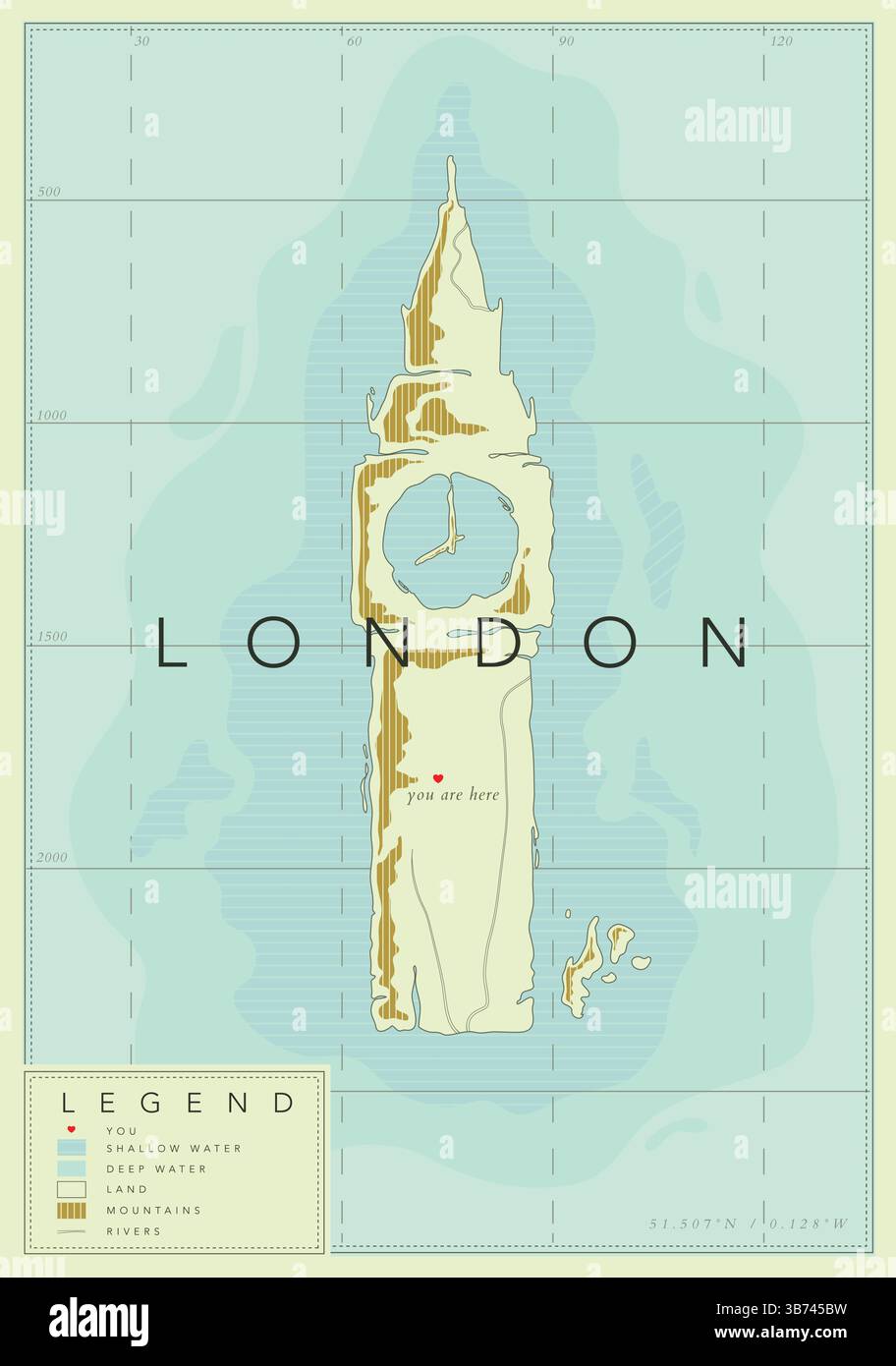 London geographical map with big ben, legend and coordinates poster ...