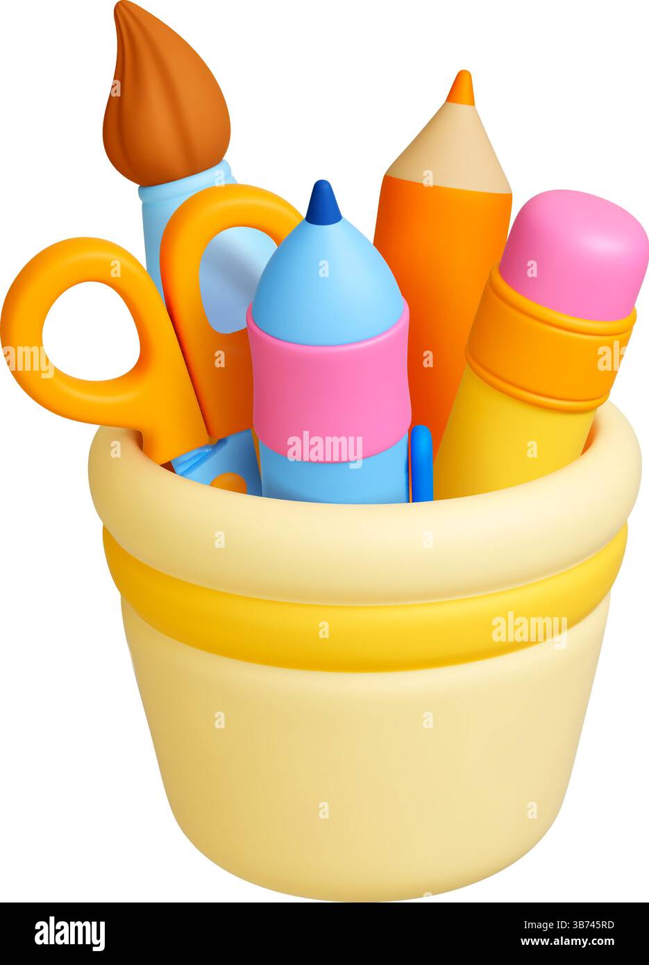 Children school stationery in cup 3d icon. Isolated plastic container ...