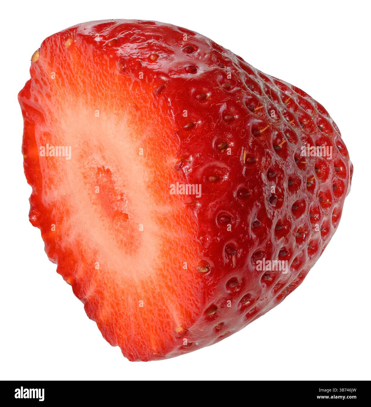 Red strawberry cut in half, revealing its vibrant interior and seeds ...
