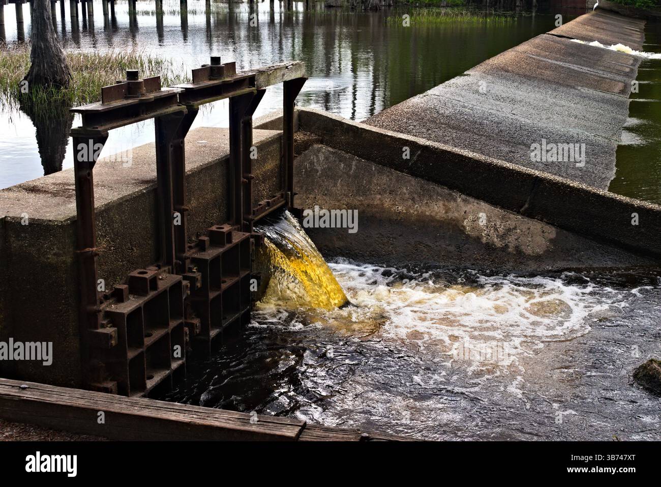A close up photo of open floodgate of the Lake Waccamaw Dam with the ...