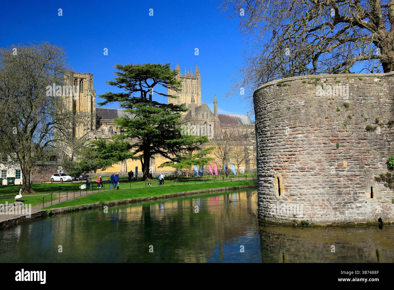 Wells Cathedral, Bishops Palace and Moat, Wells, Somerset Stock Photo ...