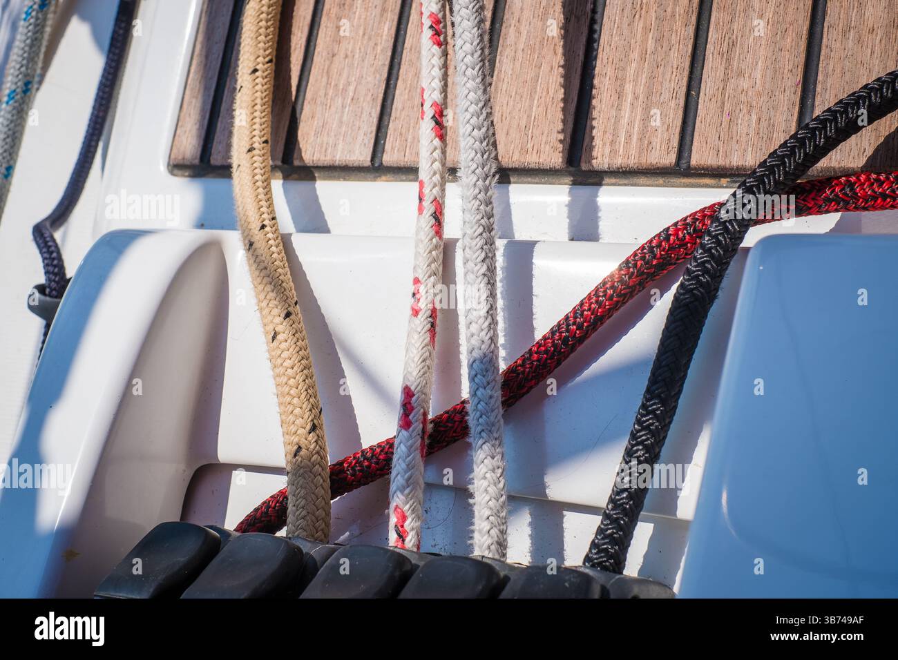 Sailing yacht ropes, stopper and winch. Sailboat equipment details ...