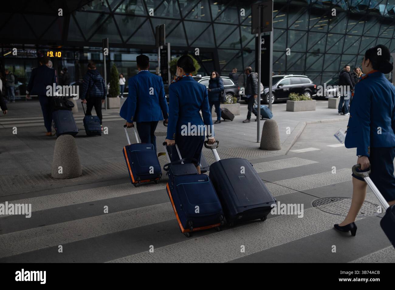 Flight attendants and pilots with trolley luggage bags walking in ...