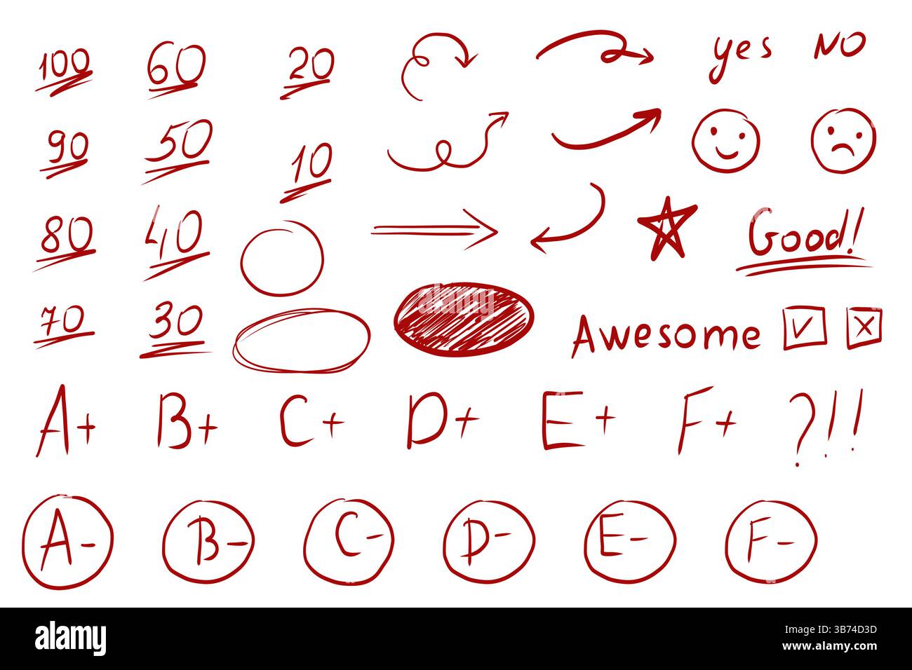 Mark point score exam highlight check, arrows and circles hand drawn ...