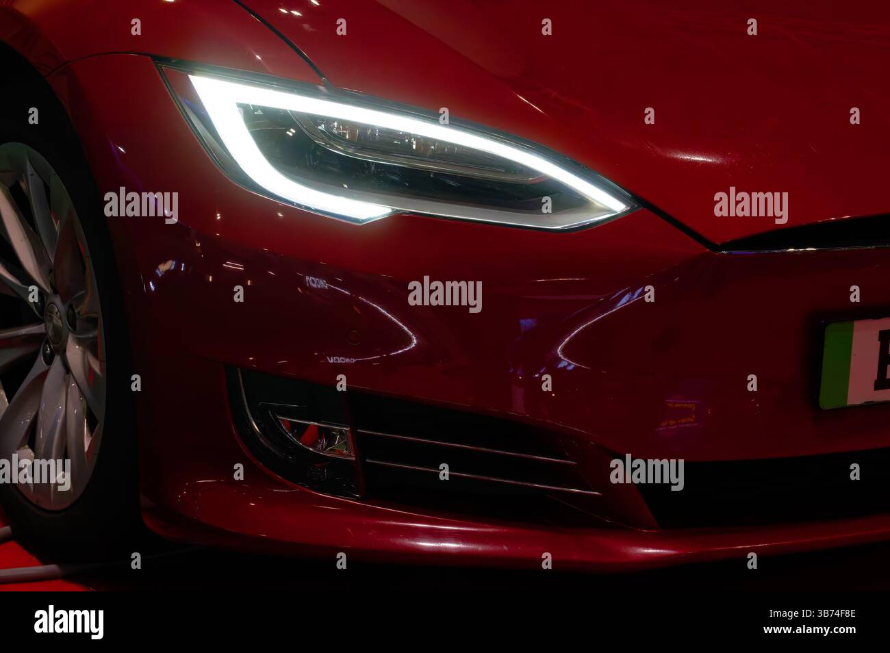 LED Headlights on an electric vehicle at the Everything Electric Show ...