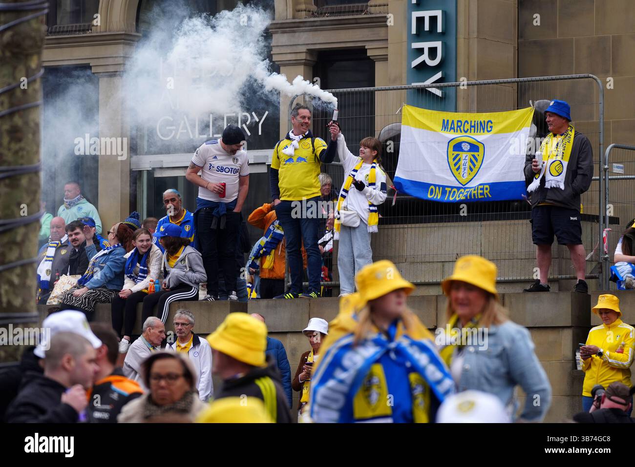 Leeds United fans gather in the city centre before the Sky Bet ...