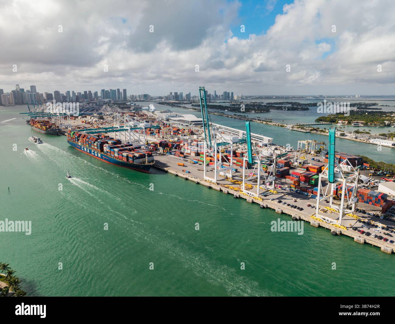 Miami, Florida - February 12, 2025: Aerial Miami port with cargo container. Export and import ...