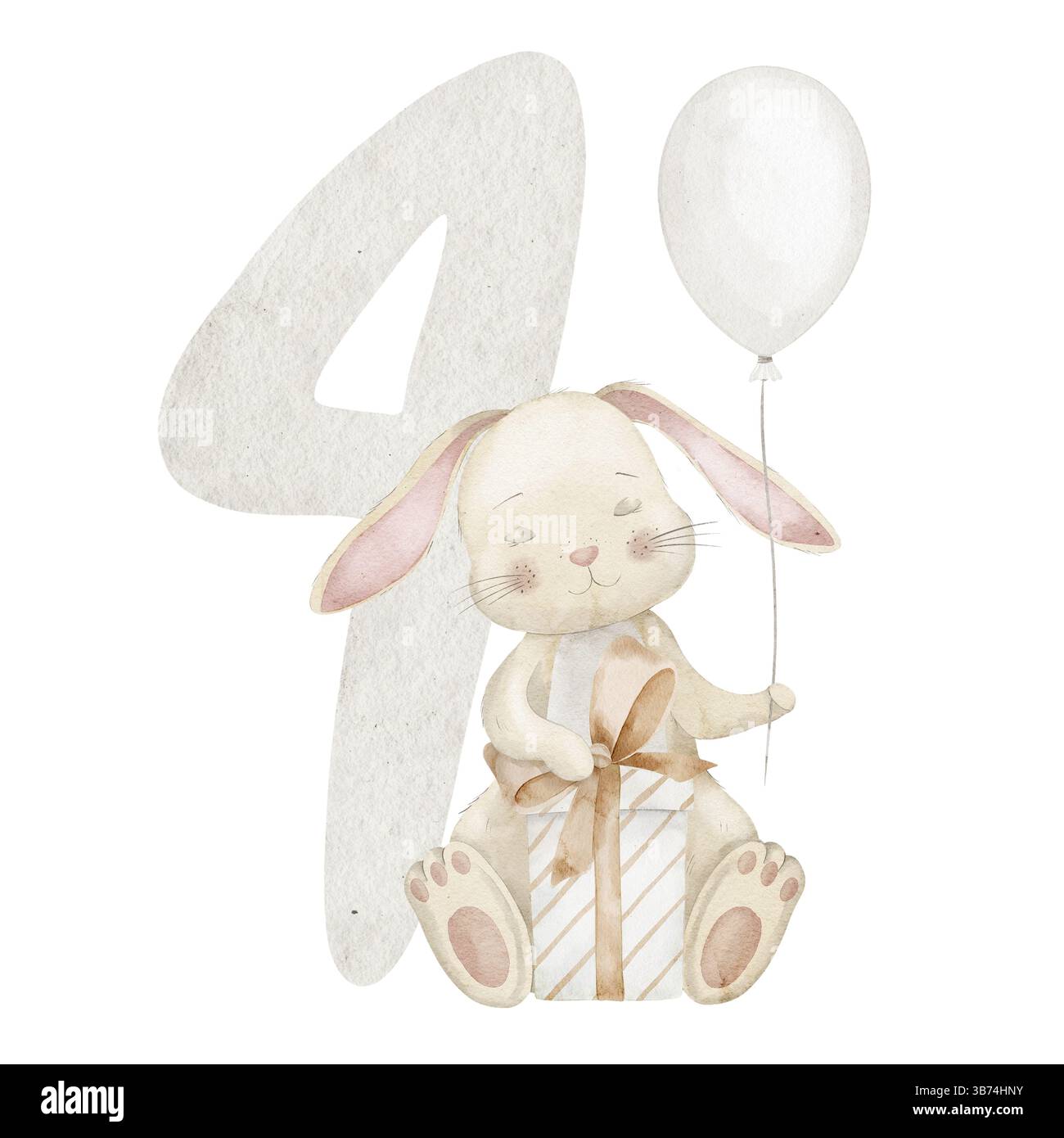 Watercolor bunny sitting with gift box with, white balloon and big ...